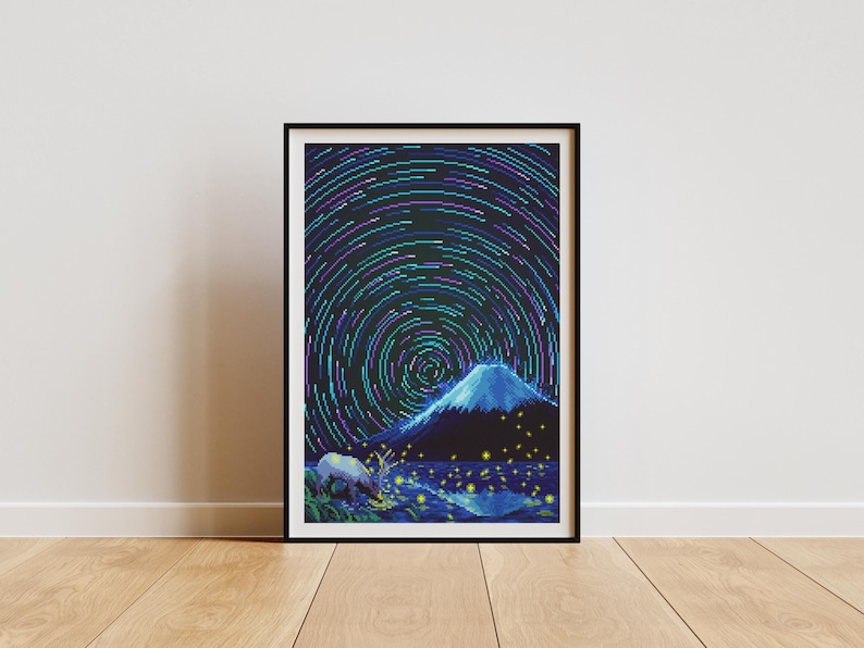 Pixel Art Mount Fuji Landscape Retro 8 Bit Night Sky Print Unique Gift ...