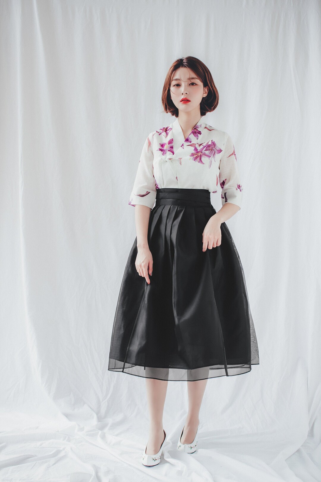 White Modern Hanbok Jeogori | Purple Flower Pattern | Handmade Dress ...