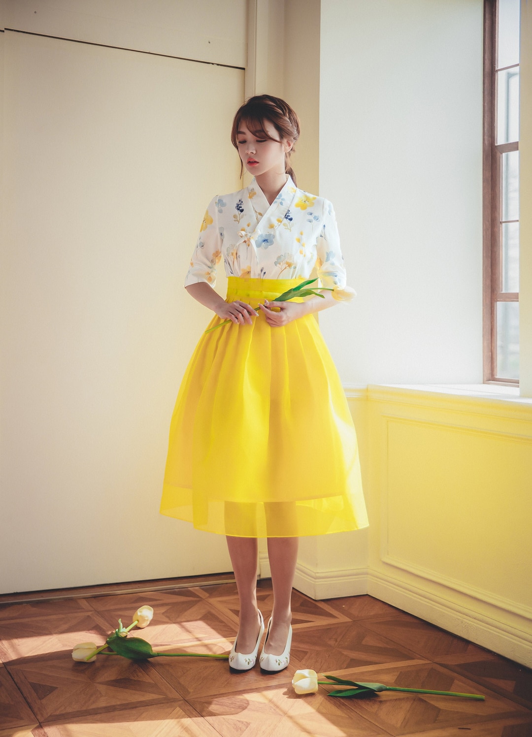 White & Yellow Modern Blouse | Modern Hanbok Jeogori | Korean Handmade ...