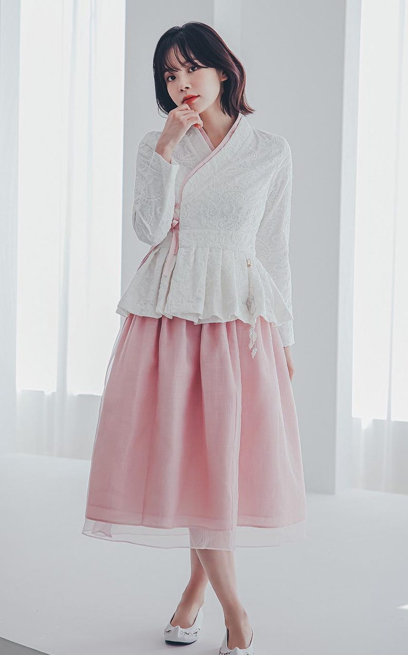 White Floral Hanbok Jeogori | Korean Women Hanbok | White & Pink Classy ...