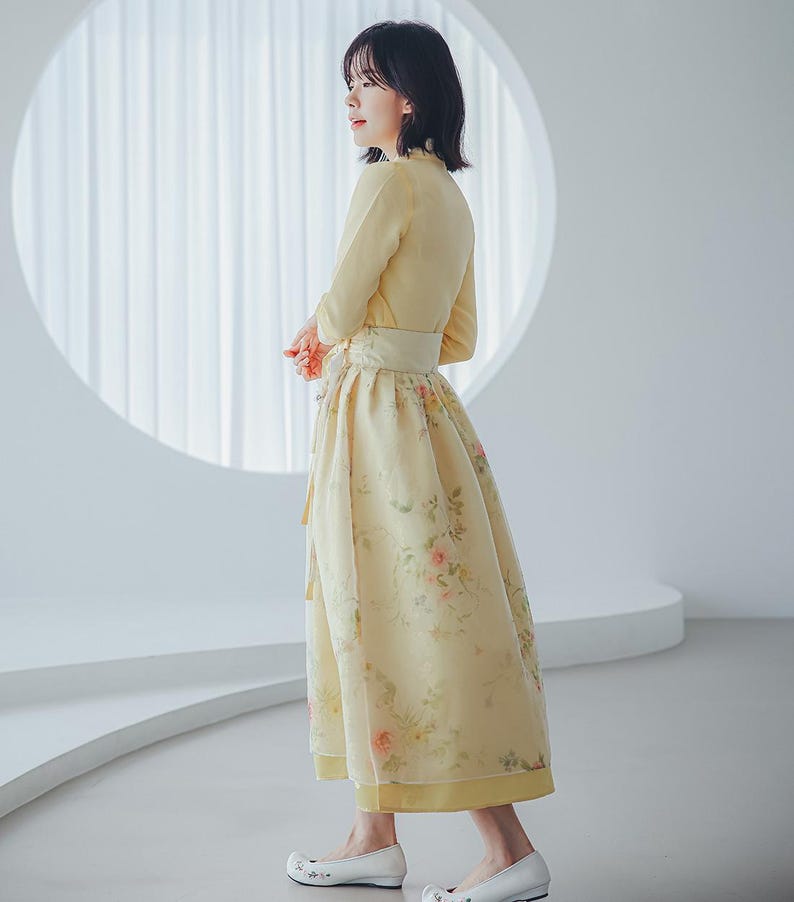 Yellow Hanbok Skirt With Floral Pattern| Modern Hanbok Vest | Korean ...