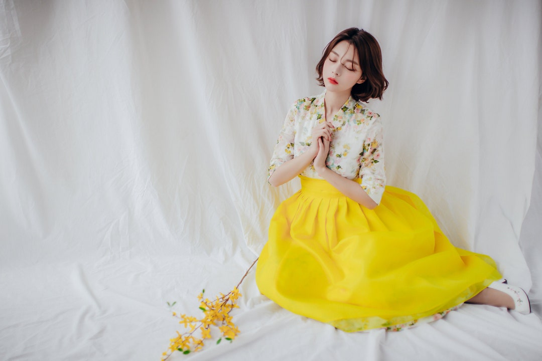 White & Yellow Flower Pattern Dress | Modern Hanbok Dress | Colorful ...