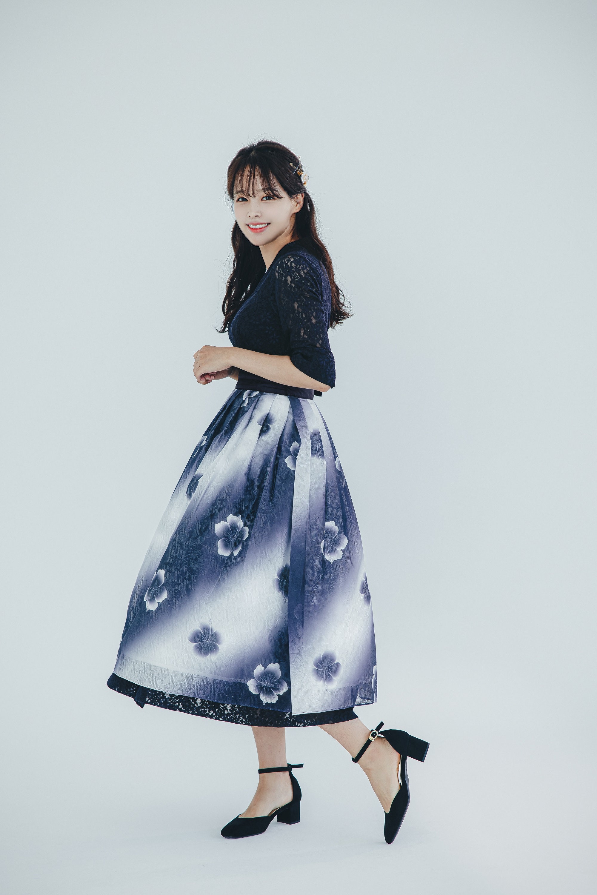 Navy Lacy Dress Korean Modern Hanbok Floral Modern Hanbok Dress Casual ...