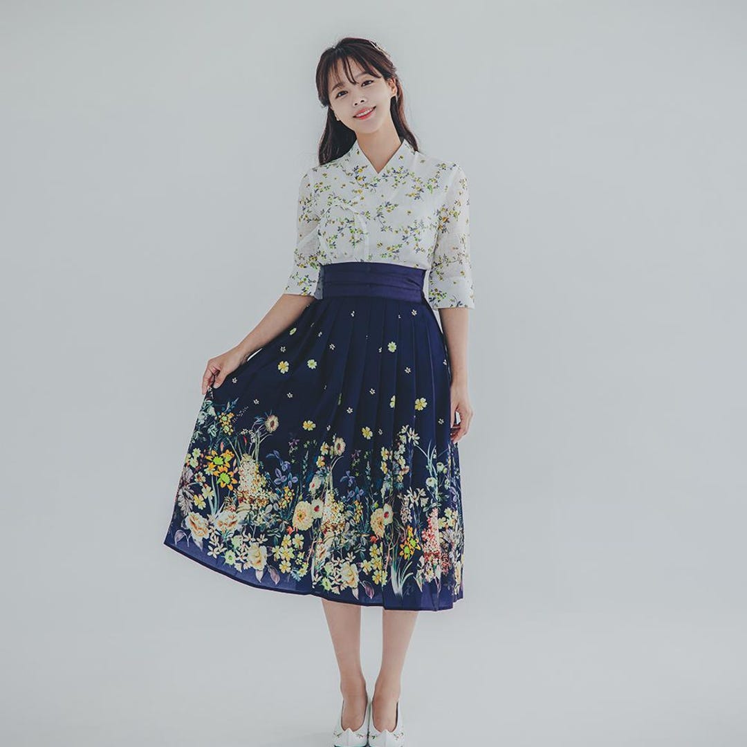 White & Navy Floral Modern Hanbok | Handmade Hanbok Jeogori | Wedding ...