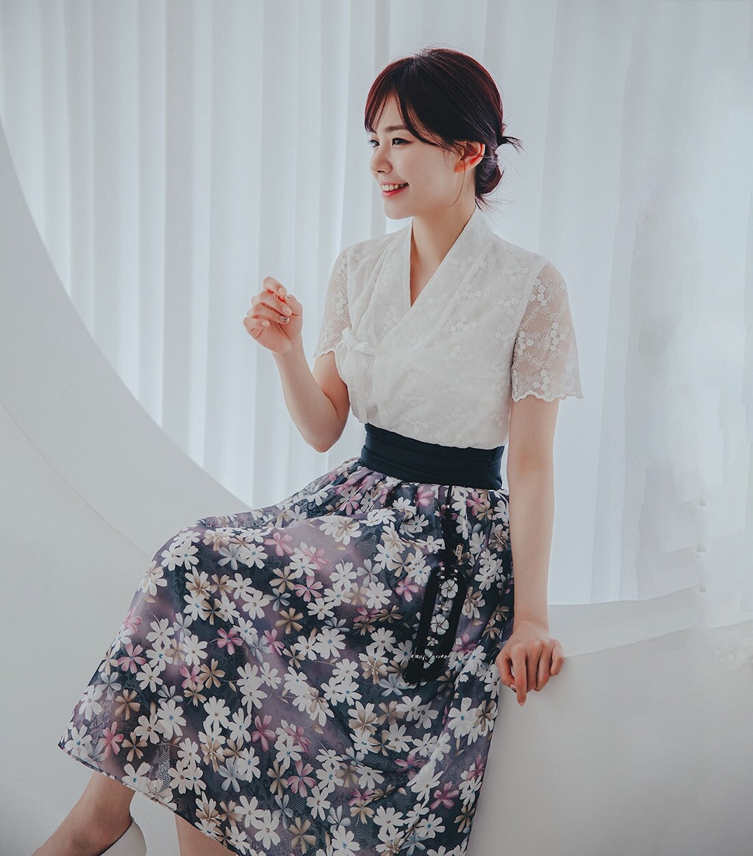White Floral Modern Hanbok Jeogori | Handmade Korea Daily Hanbok | Lace ...