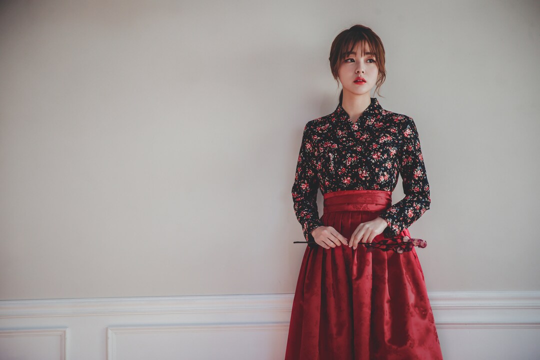 Black Flower Pattern Modern Hanbok Jeogori | Handmade Korean Dress ...