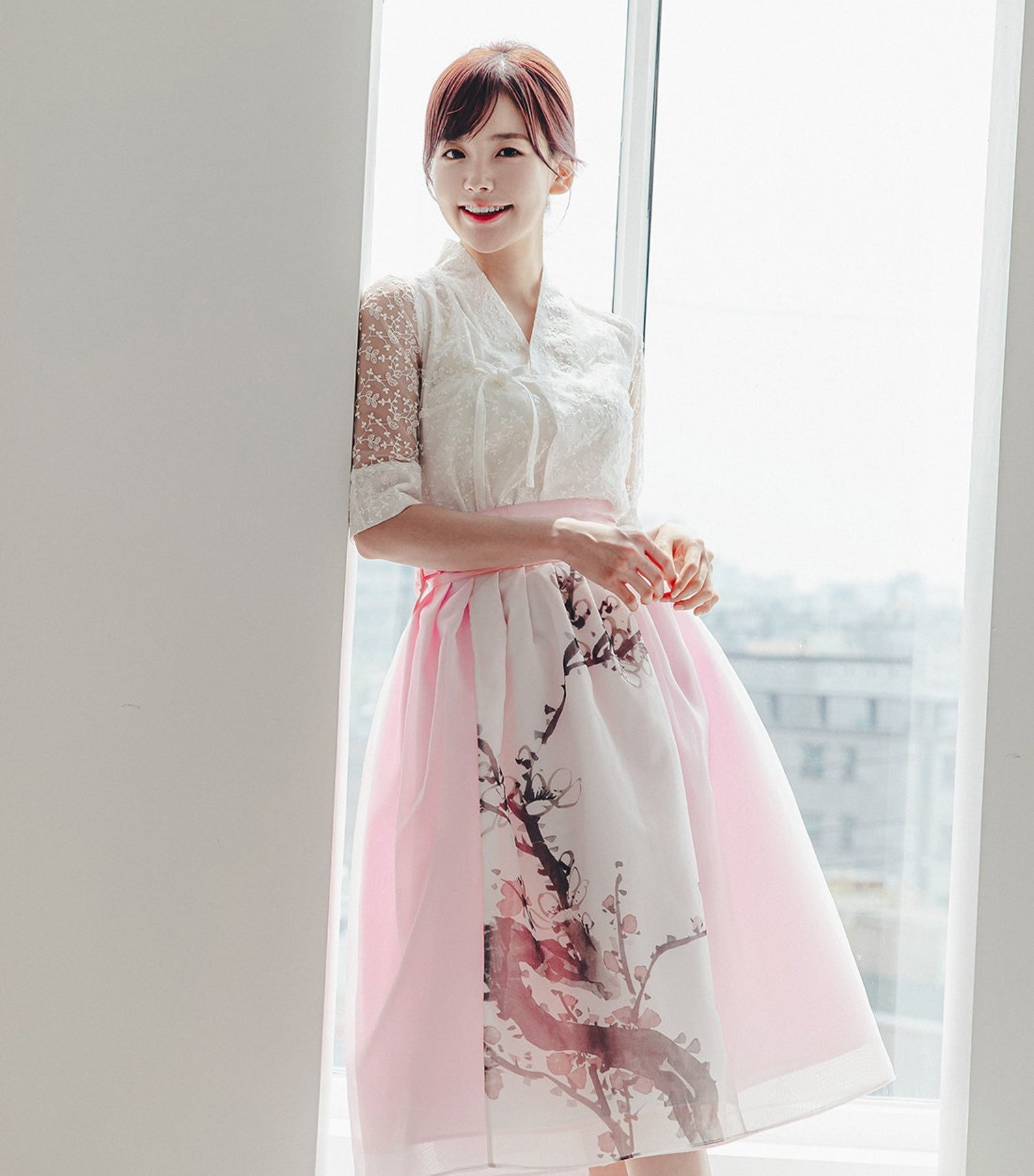 White Floral Modern Hanbok Jeogori | Handmade Korea Daily Hanbok | Lace ...