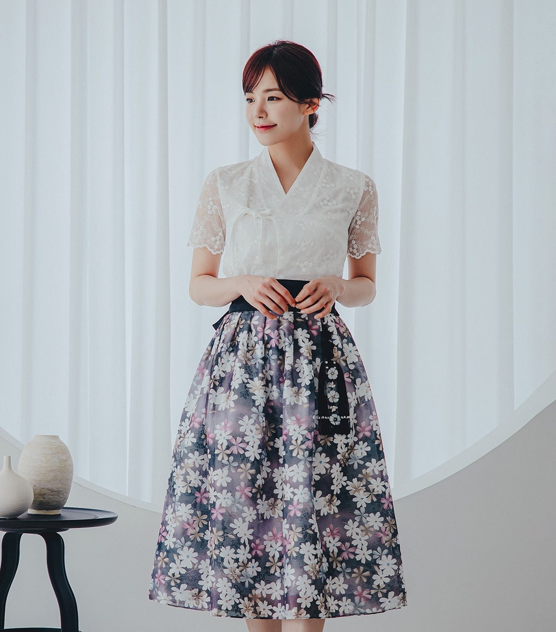 White Floral Modern Hanbok Jeogori | Handmade Korea Daily Hanbok | Lace ...
