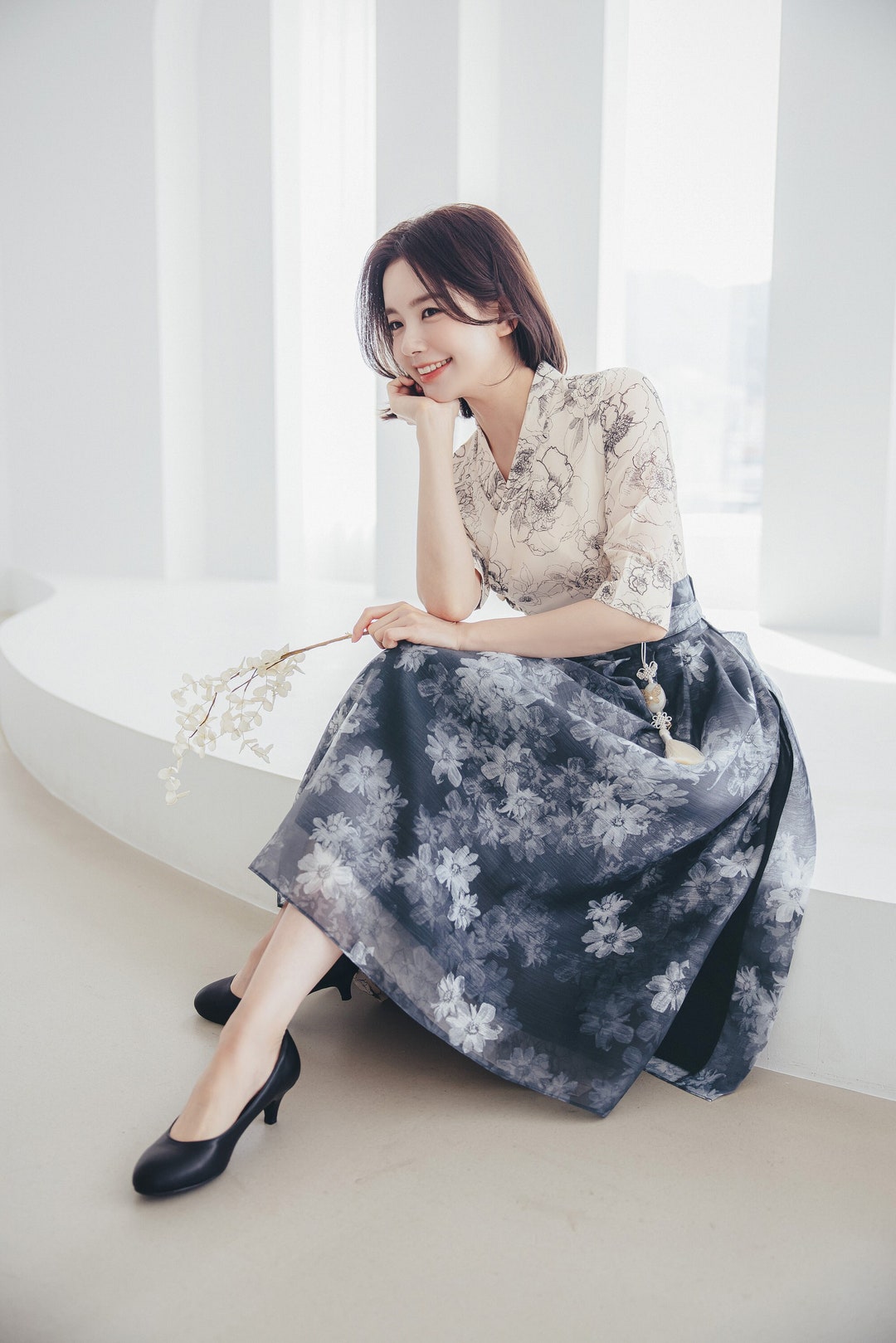 Ivory Floral Modern Hanbok Dress | Korean Hanbok | Women Hanbok | Daily ...
