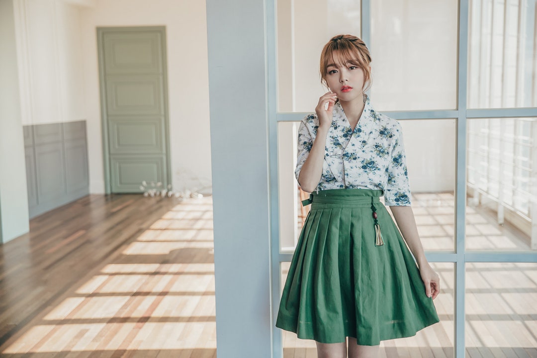 Blue & White Floral Modern Hanbok Korean Handmade Jeogori Picnic ...