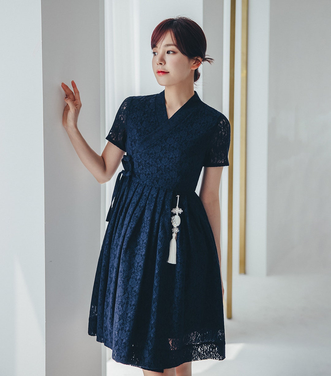 Navy Floral Lace Dress | Modern Hanbok Dress | Korean Handmade Dress ...