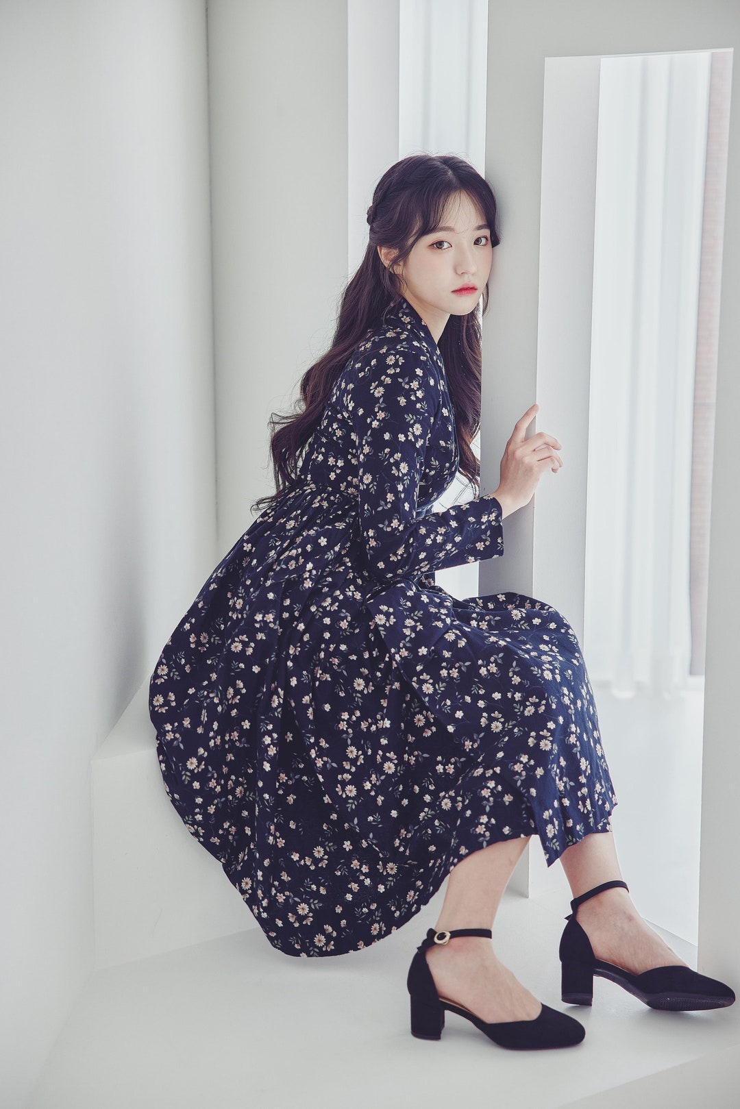 Navy Floral Modern Hanbok Dress Korean Handmade Hanbok Winter Long ...