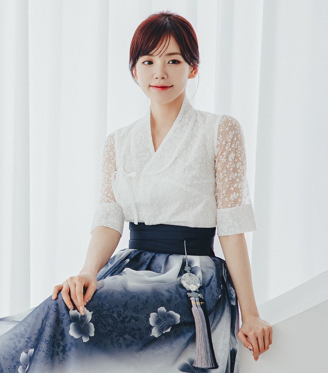 White Floral Modern Hanbok Jeogori | Handmade Korea Daily Hanbok | Lace ...