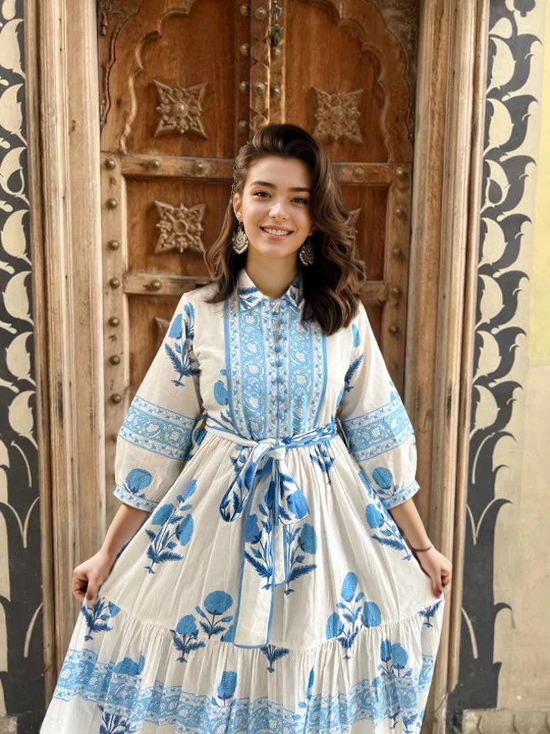 Hand Block Printed Dress Summer Midi Dress Cotton Floral Dress White ...