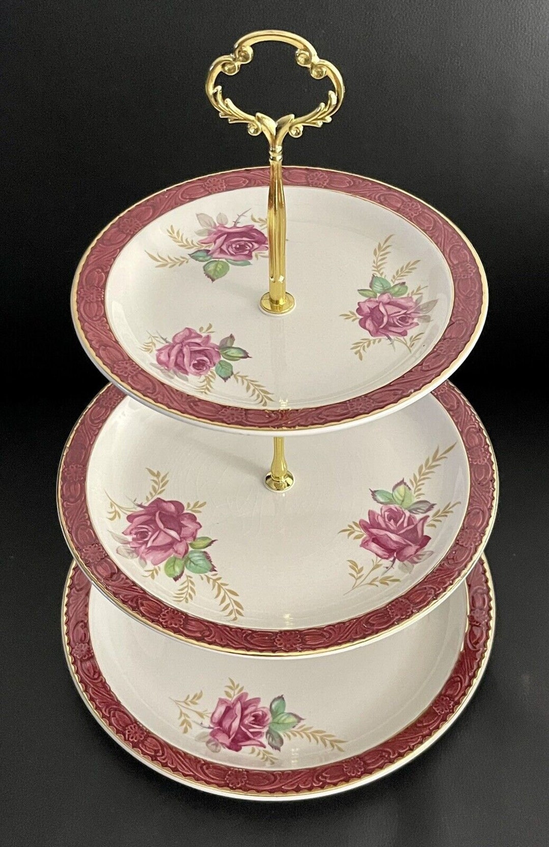 Royal Tudor Barker Bros Richmond Pink Rose 3-tiered Cake Stand, England ...