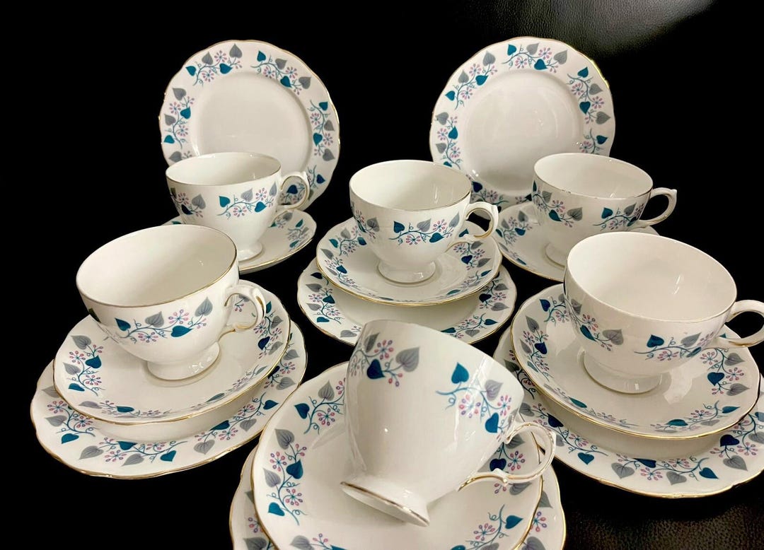 Crown Royal Blue Pink Floral Tea Set (6 Cups, Saucers, Plates), England ...