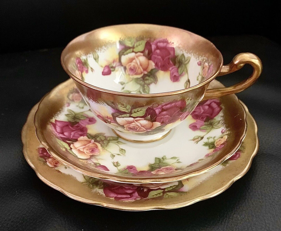 Stunning Royal Chelsea Golden Rose Tea Trio, Heavily Gilded, Excellent ...