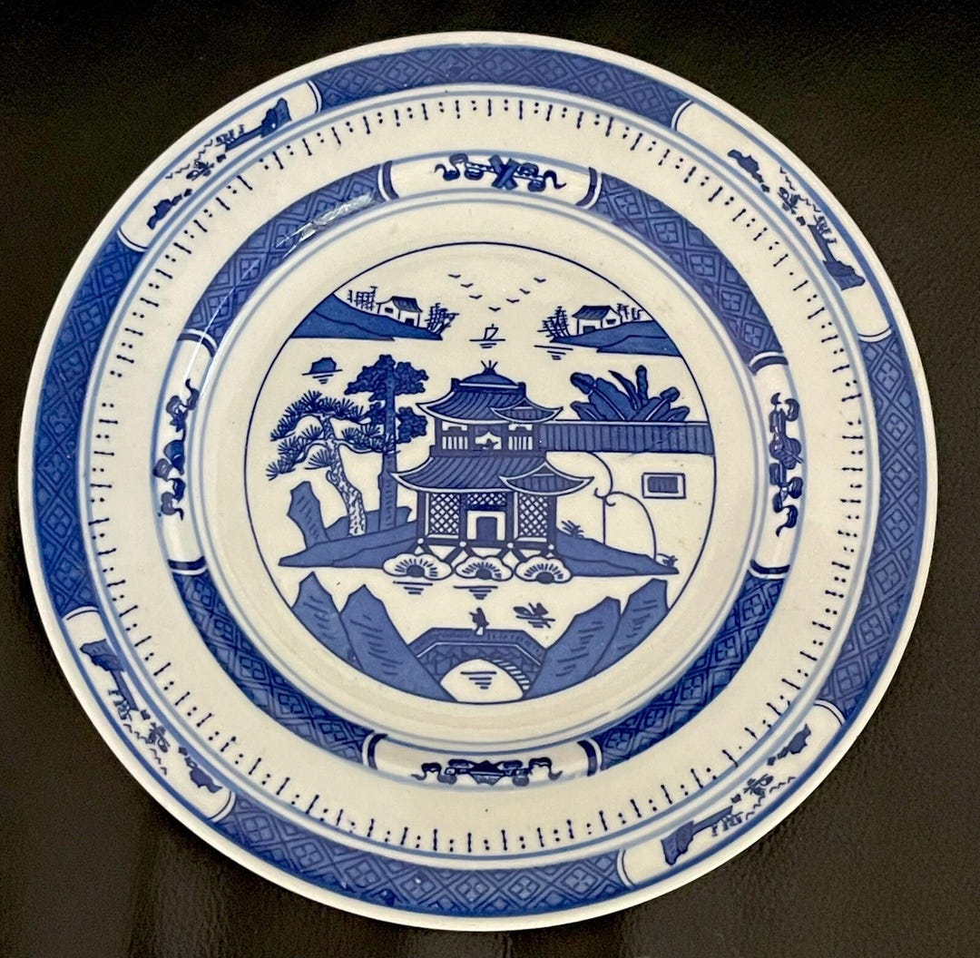 Vintage Chinese Blue and White Pagoda Porcelain Canton Plate, 23cm, as ...