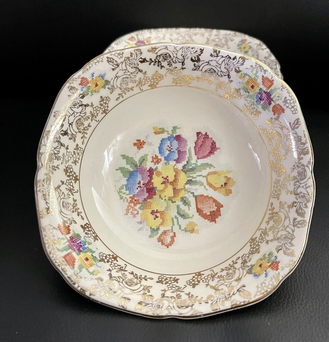 H & K Tunstall Petit Point Gold Chintz Floral Set of 6 Dessert Bowls ...