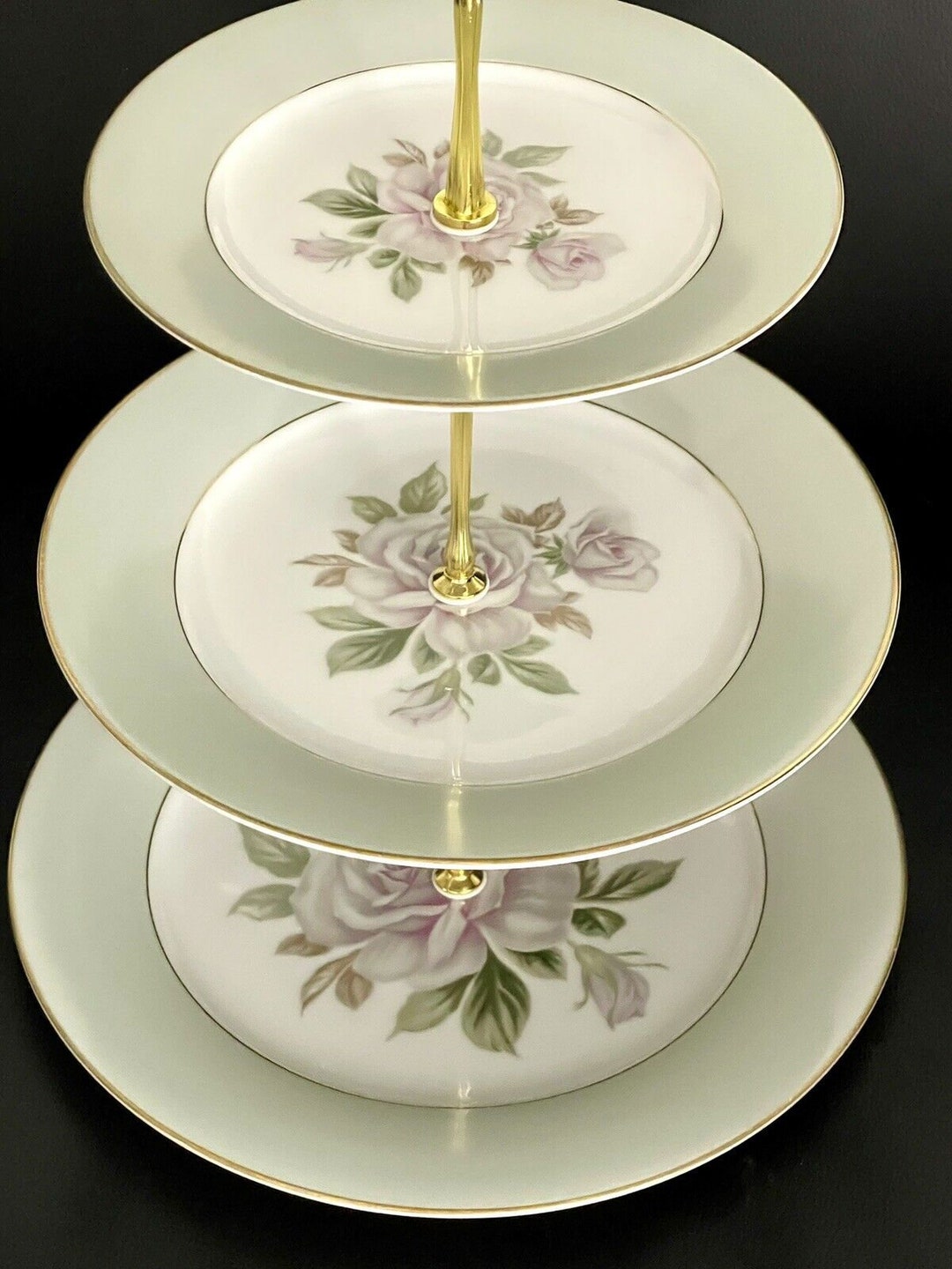 Gorgeous Noritake Green With Large Rose 3-tiered Cake Stand, Japan - Etsy