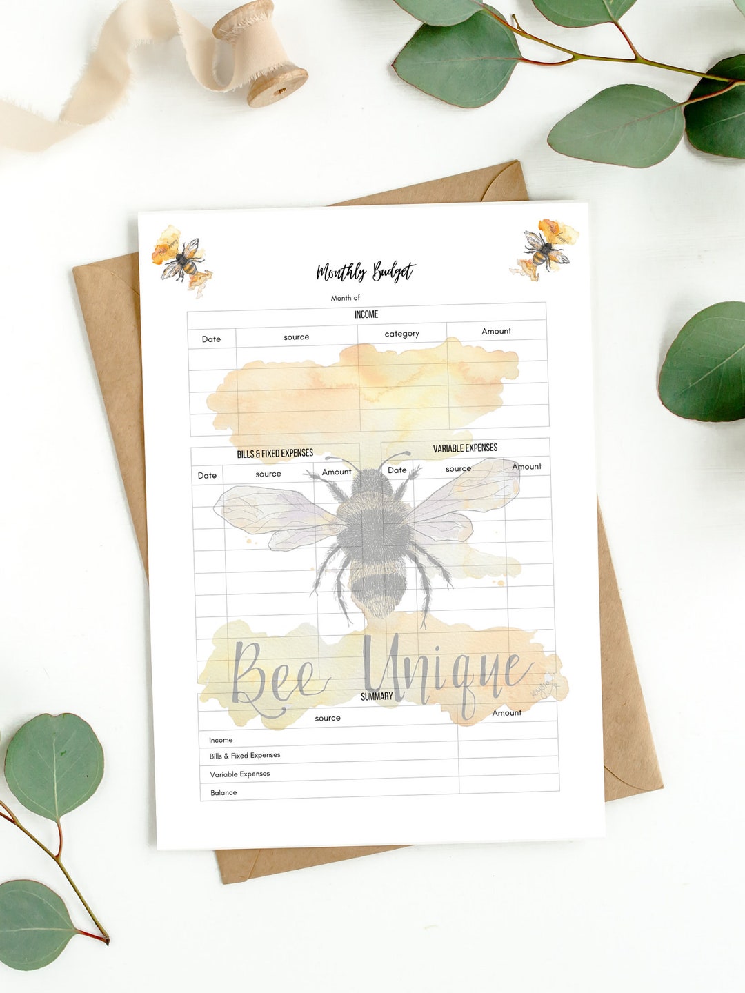 MONTHLY BUDGET - Bee Unique - 1 X A4 PDF - Etsy
