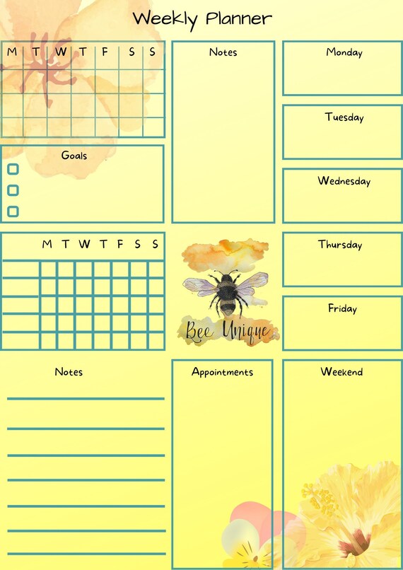 Bee Unique Weekly Planner A4 PDF Digital Download - Etsy