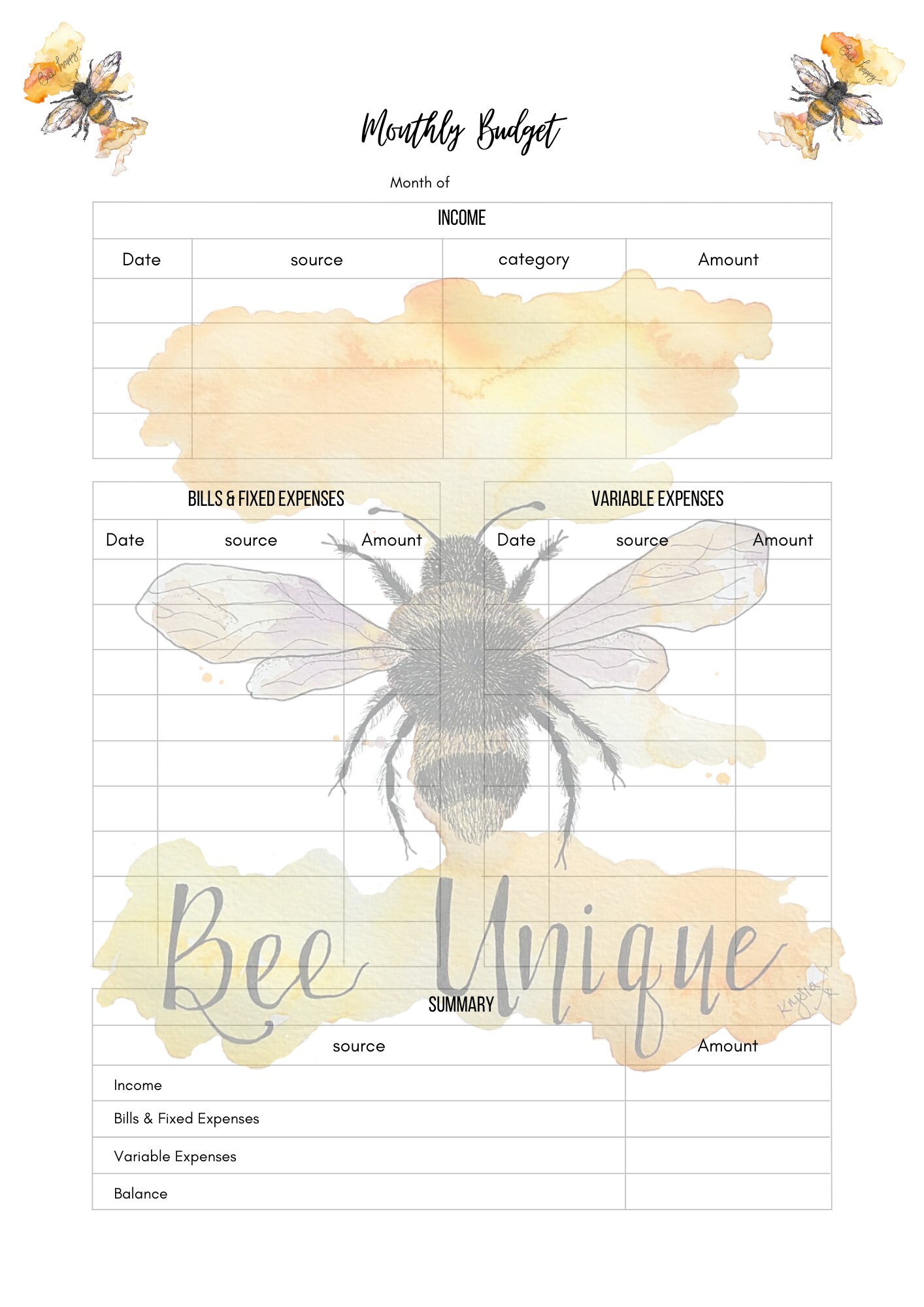 MONTHLY BUDGET - Bee Unique - 1 X A4 PDF - Etsy