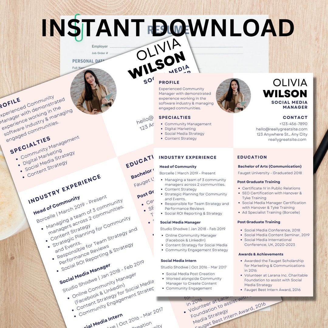 Editable Resume Template With Photo Professional Resume - Etsy Denmark