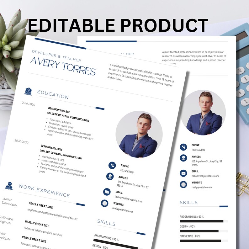 Editable Resume Template With Photo Professional Resume - Etsy