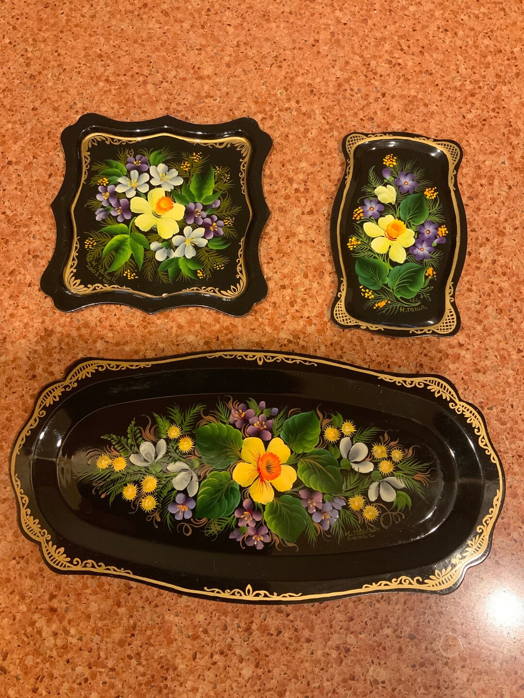 Signed Hand-painted Black Metal Trays With Bright Flowers, Lacquered ...