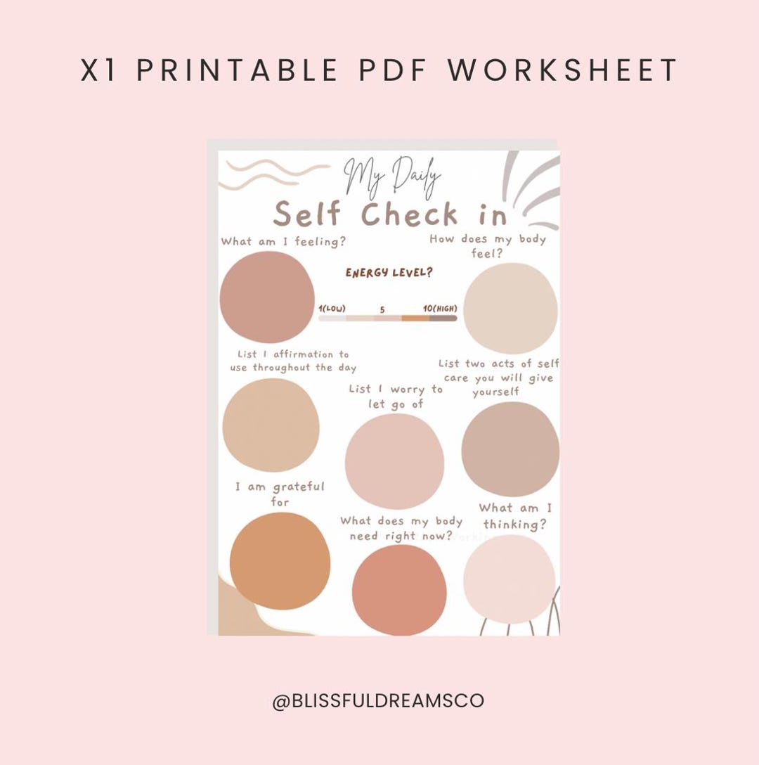 Daily Self Check in Worksheet, Printable Worksheet, Self Care Worksheet ...