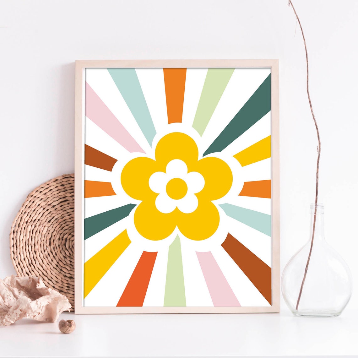 70s Flower Print, Retro Sunburst Print, 70s Wall Art, Retro Print ...
