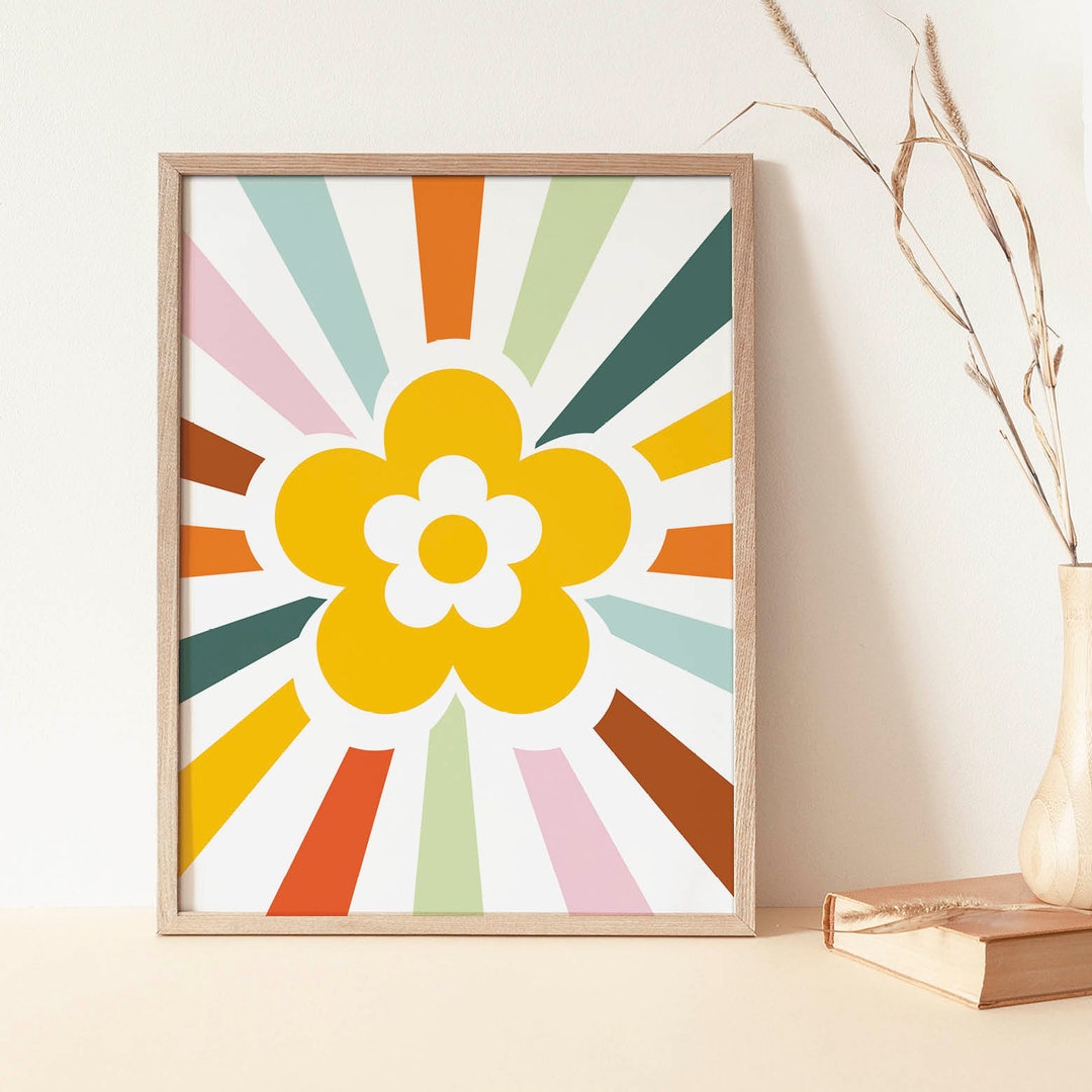 70s Flower Print, Retro Sunburst Print, 70s Wall Art, Retro Print ...