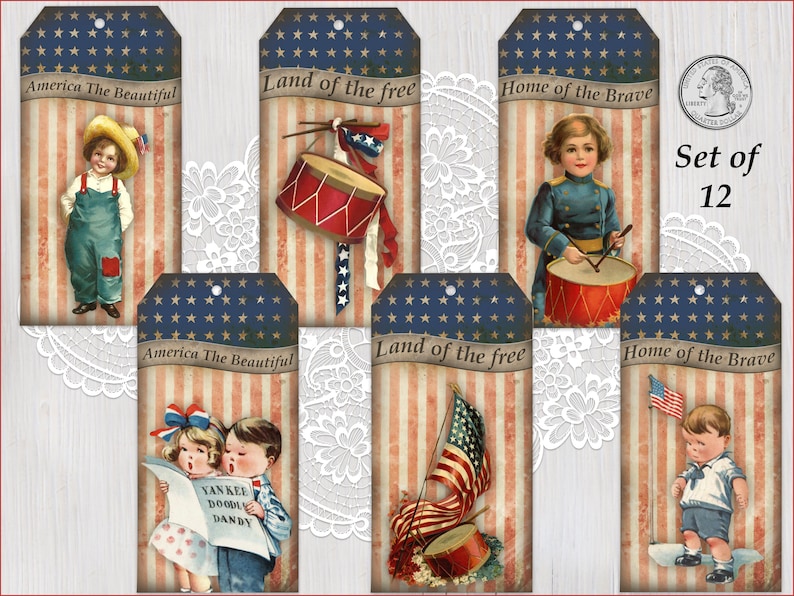 Vintage Style, Patriotic, Independence Day, Atc Cards, Tags, Scrapbook ...