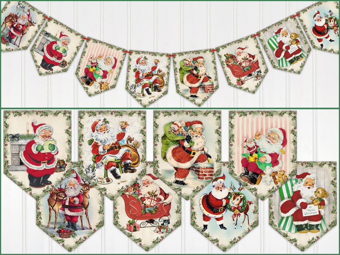 Retro Stye Christmas Banner, Santa Banner, Garland, Bunting, Christmas ...