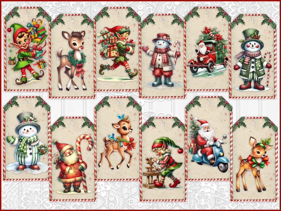 Retro Style Christmas Gift Tags, Card Making, Junk Journaling, Die-cuts ...