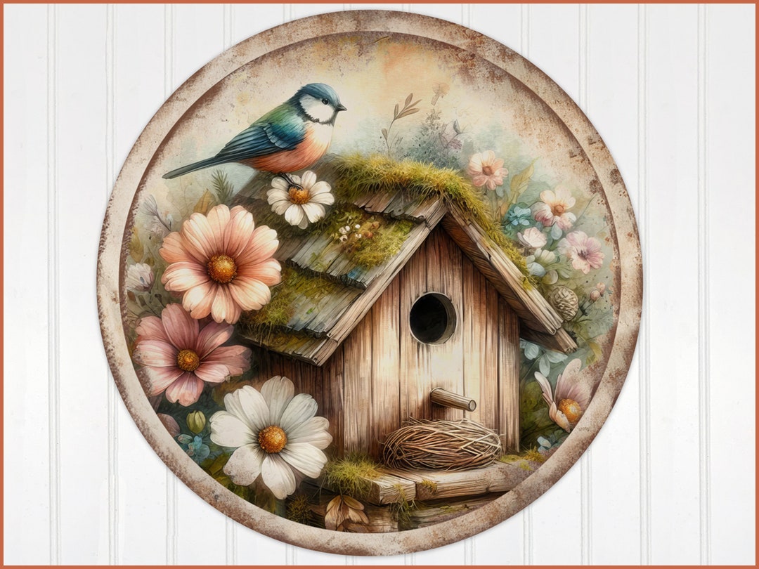 Birdhouse, Bird Metal Sign, Wreath Sign, Round Sign, Summer Decor ...