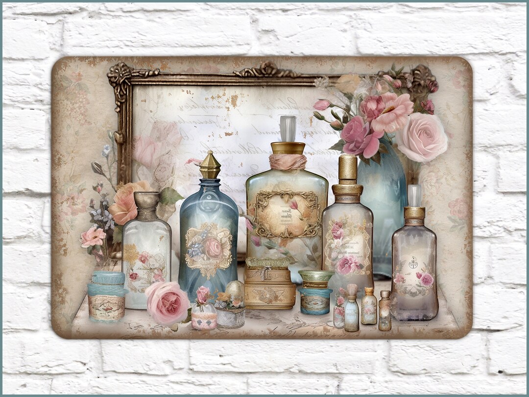 Vintage Style Sign, Perfume Bottles, Shabby Chic Decor, Metal Sign ...