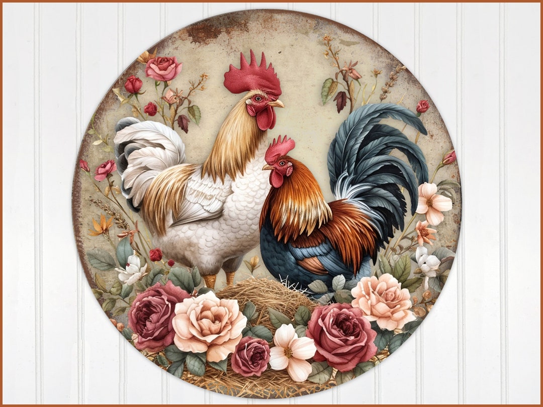 Rooster Sign, Chicken Metal Sign, Wreath Sign, Round Sign, Farmhouse ...