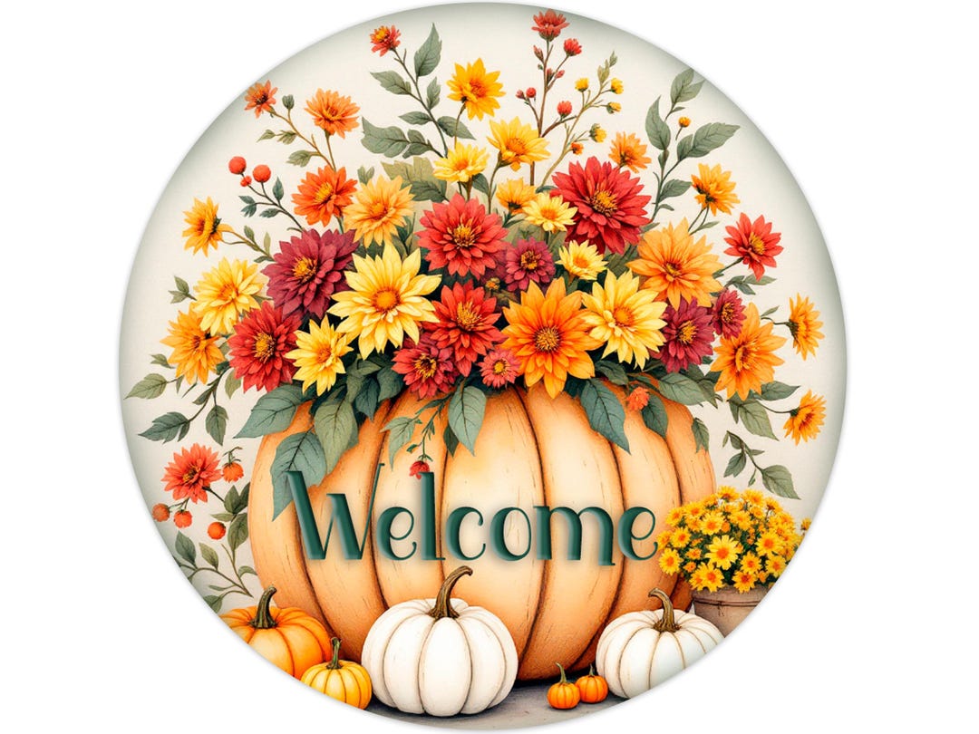 Pumpkins & Mums Welcome Sign, Metal Sign, Wreath Sign, Round Sign ...