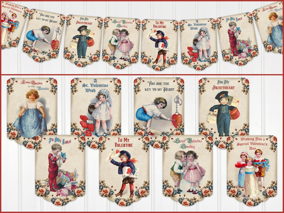 Vintage Style Valentine Banner, Vintage Children, Valentine Garland ...