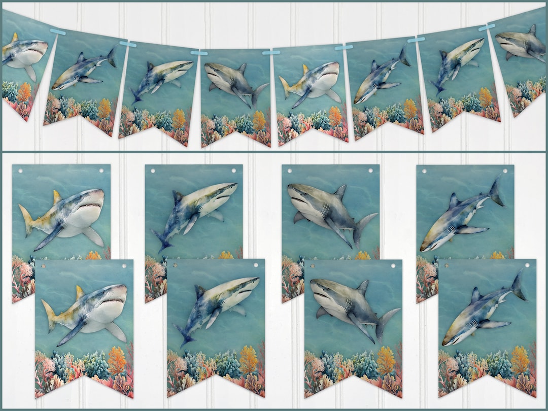 Shark Party Banner, Birthday Party Banner, Bunting, Garland, Shark ...