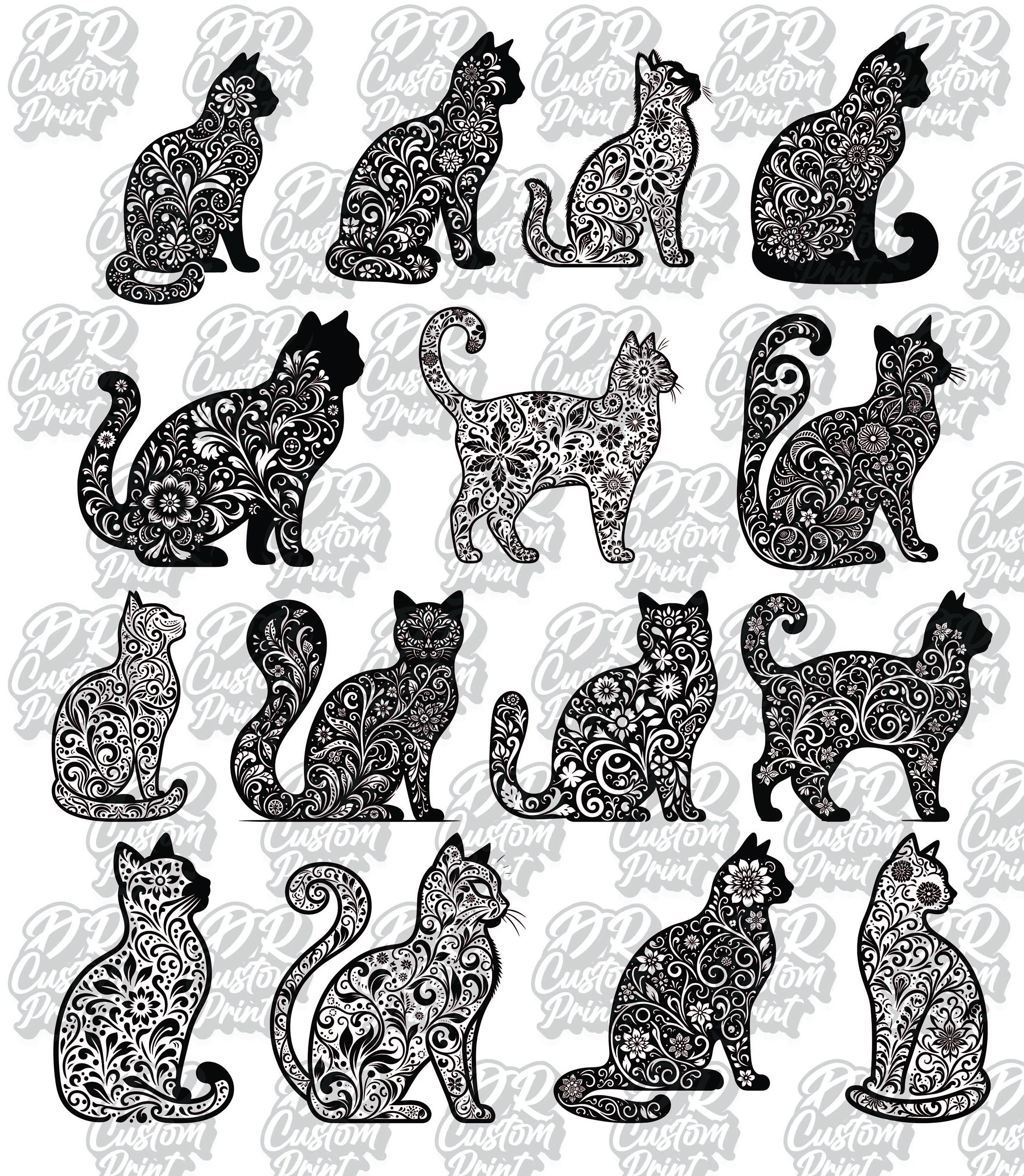 15 Floral Cat Silhouettes Clipart Set - Decorative Felines Instant ...