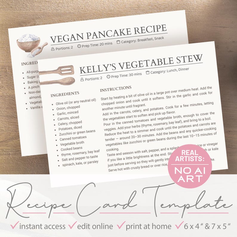 Minimalist Recipe Cards, Editable Canva Template, Printable From Home ...