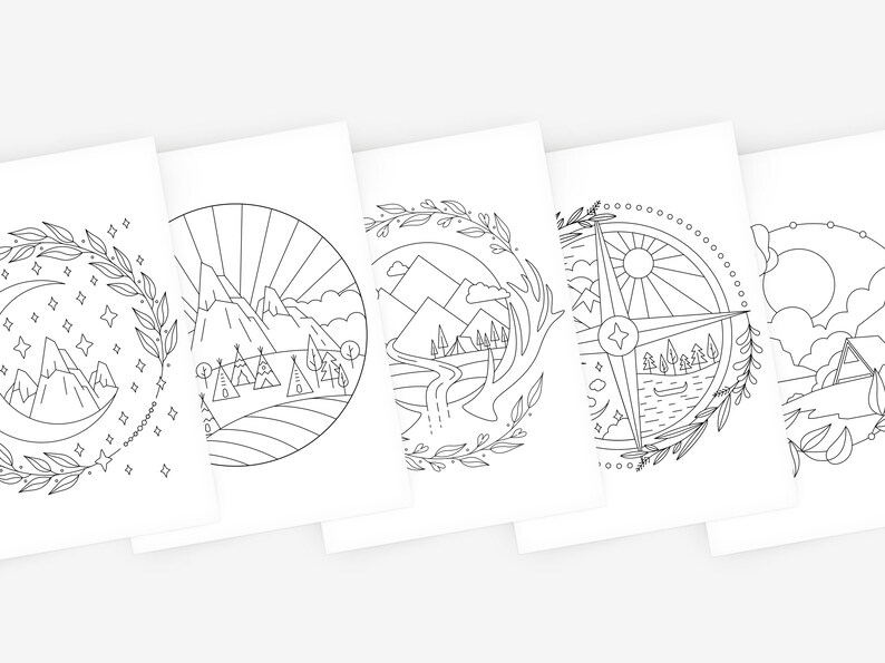 Boho Landscape Coloring Pages for Adults: Set 3, Printable PDF With 5 ...