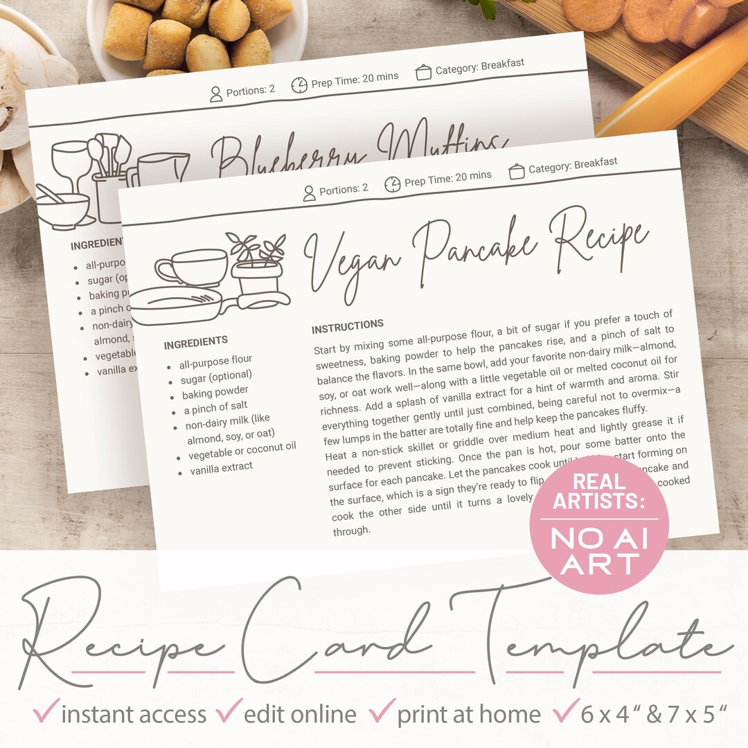 Minimalist Recipe Cards, Editable Canva Template, Printable From Home ...