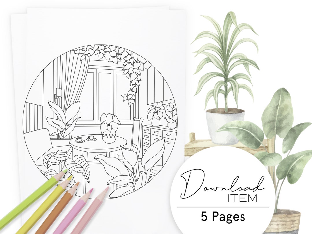 Plant Coloring Pages for Adults: "my Cozy Home", Printable PDF With 5 ...