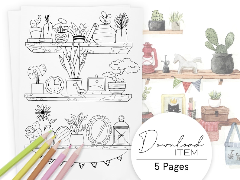 Plant Coloring Pages for Adults: hygge Shelves, Printable PDF With 5 ...