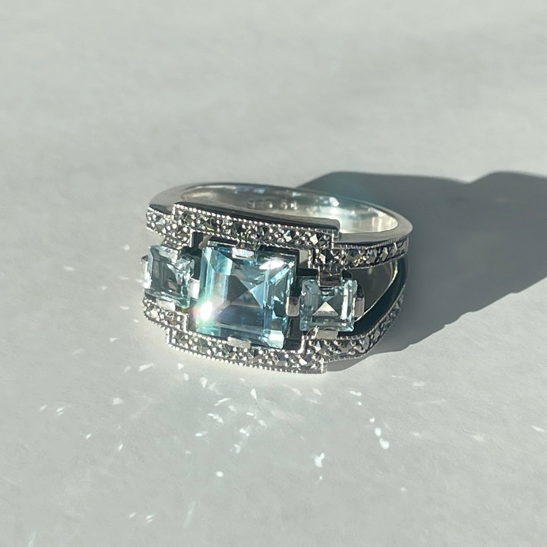 Blue Topaz Ring Real Silver Art Deco Ring Gemstone Art - Etsy