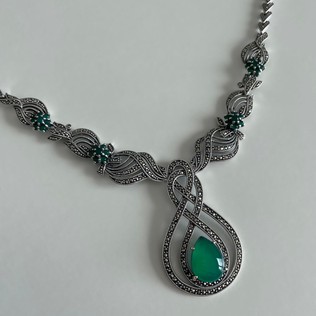 Collier art déco en argent massif - agate verte naturelle et ...